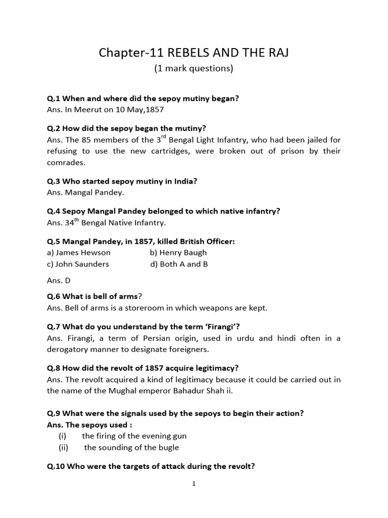 Self Prepared 1 Mark On REBELS AND THE RAJ | PDF | Indian Rebellion Of ...