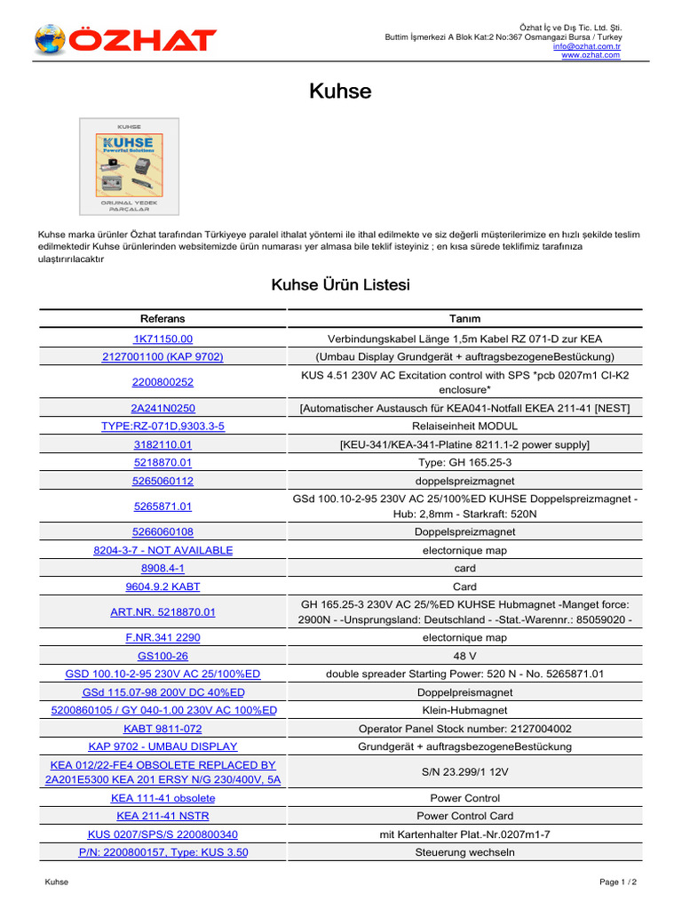 Kuhse Kuhse: Kuhse Ürün Listesi Kuhse Ürün Listesi | PDF