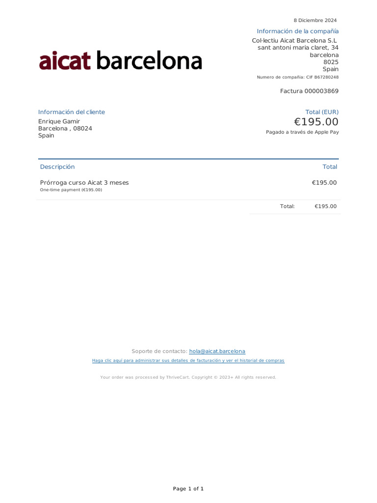 Col&Middot;Lectiu Aicat Barcelona S.L _ Factura 000003869 | PDF