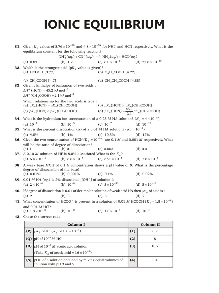 Ionic Equilibrium 3rd Assignment | PDF | Acid Dissociation Constant | Thermodynamics