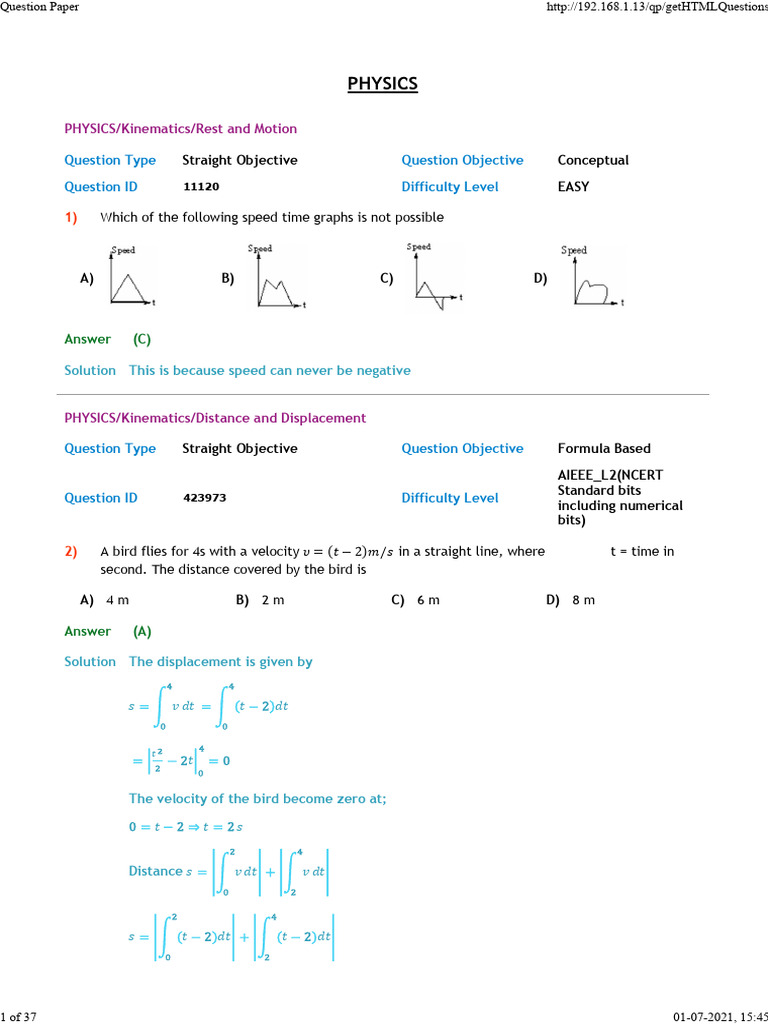 Kinematics Questions and Solutions | PDF | Acceleration | Velocity