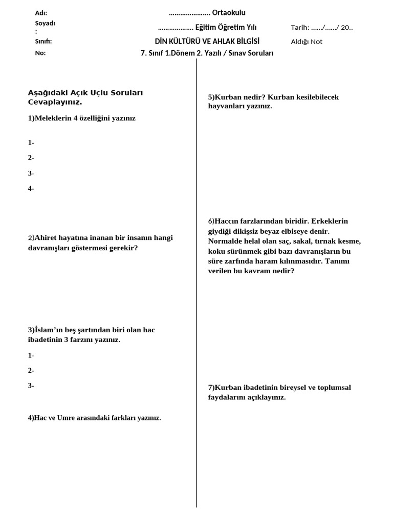 7 Sinif Din Kulturu 1 Donem 2 Yazili Acik Uclu Sorular | PDF