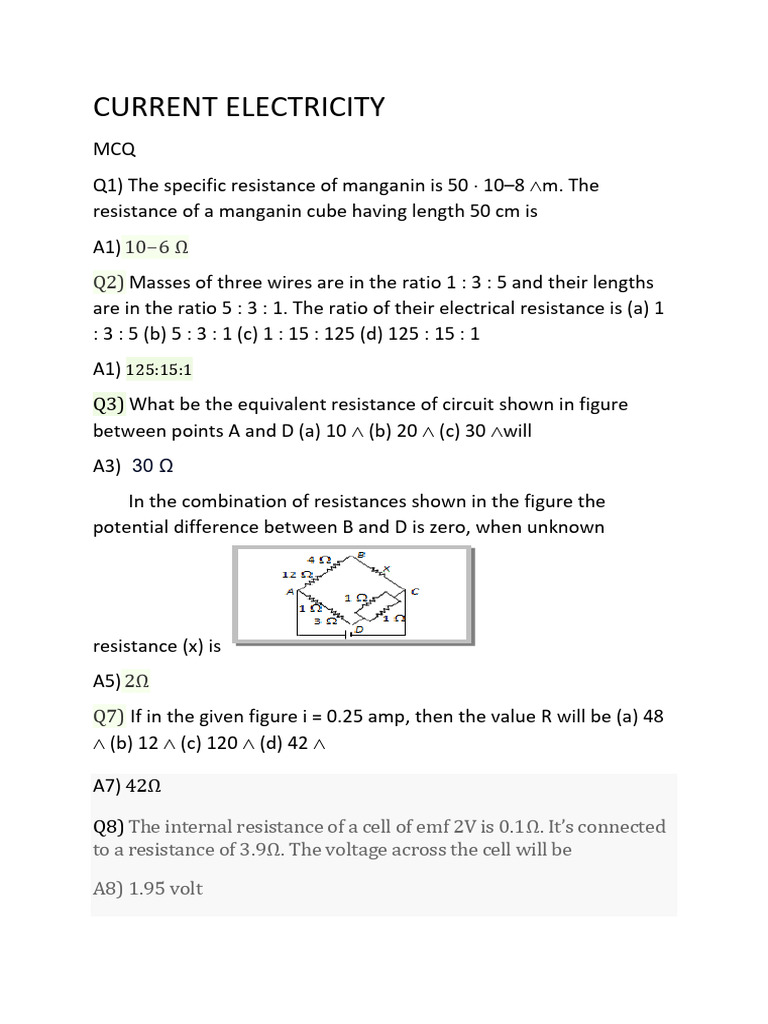 Current Electricity MCQs & Concepts | PDF | Electrical Resistivity And Conductivity | Electrical ...