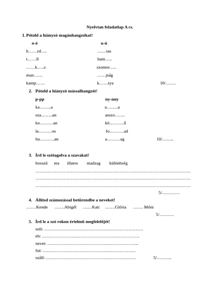 Nyelvtan feladatlap A cs | PDF