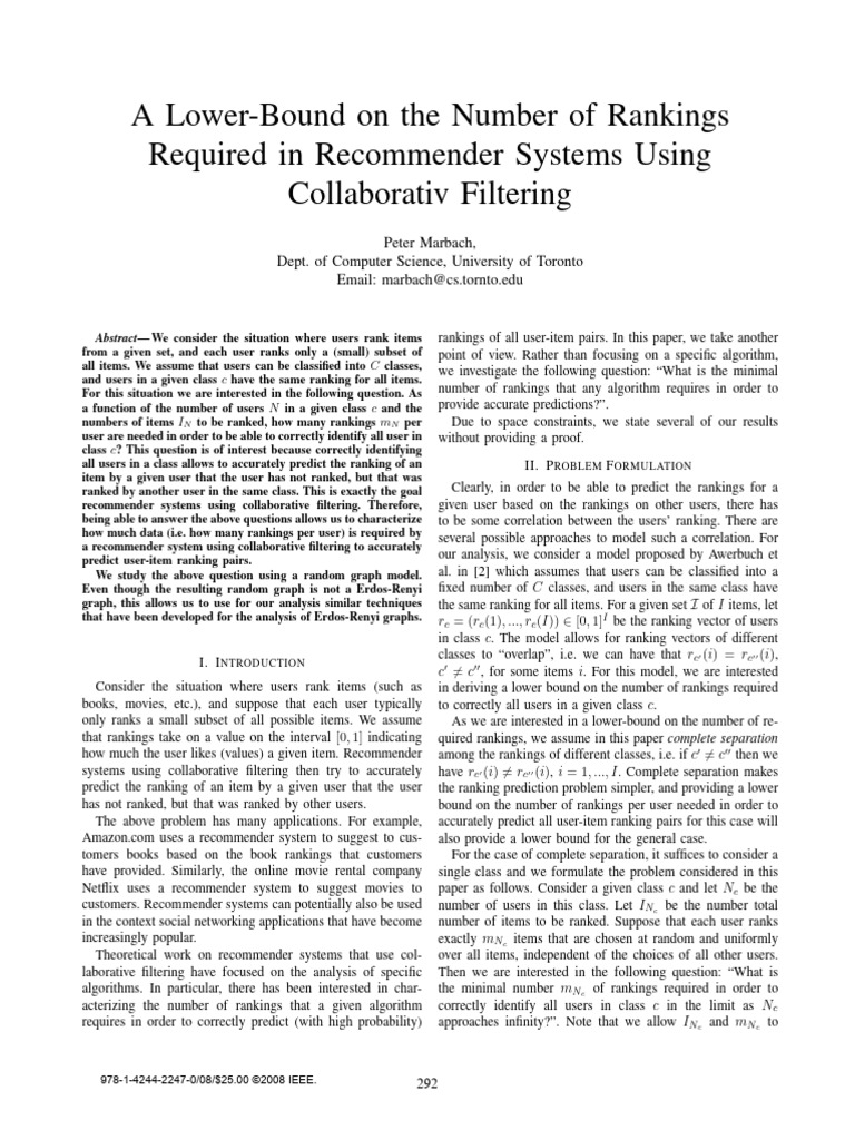 Lower Bound on Rankings in Recommender Systems | PDF | Mathematical ...