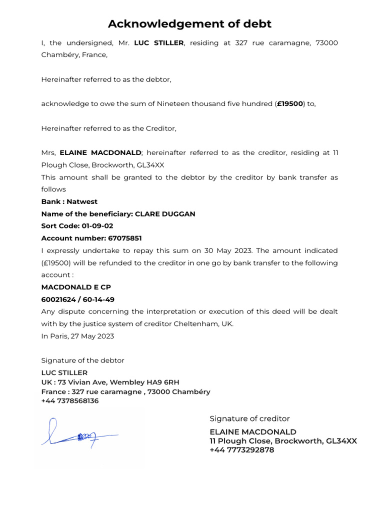 Acknowledgement of Debt 2 | PDF