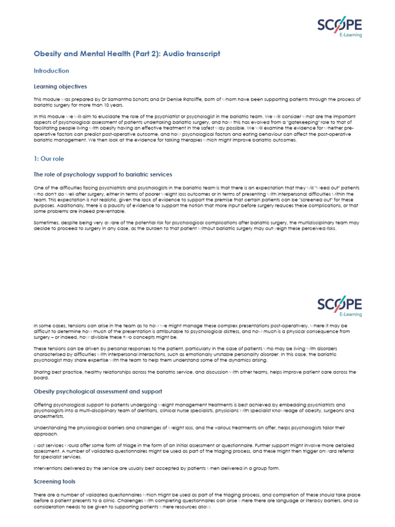 Obesity and Mental Health 2 Transcript | PDF | Mental Disorder ...