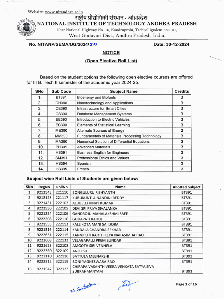 III B. Tech. I Sem Open Elective Allotment Notice A.Y. 2024-25 | PDF