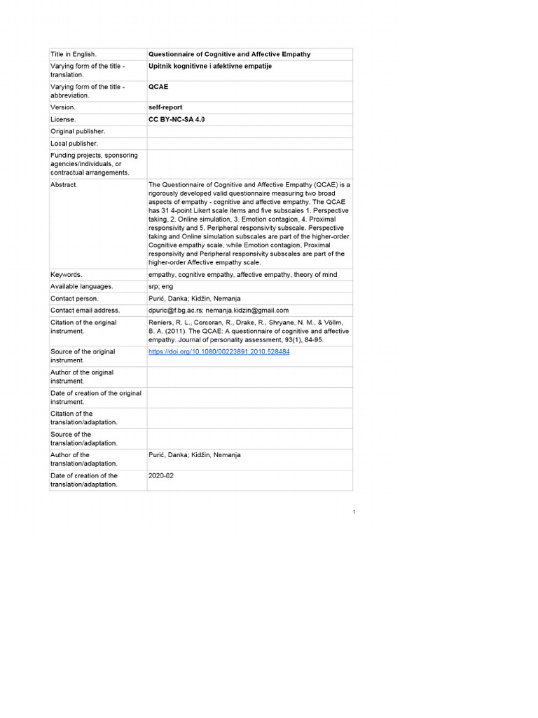 Questionnaire of Cognitive and Affective Empathy | PDF