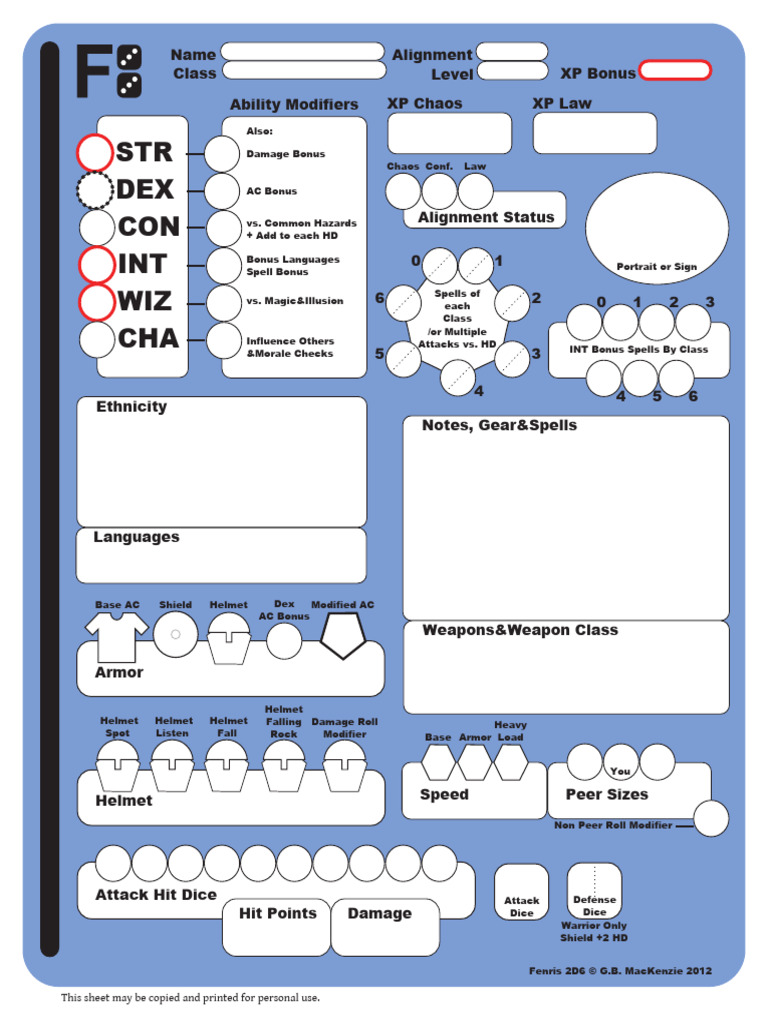 Fenris 2d6 Character Sheet Blue v2 | PDF | Tabletop Games | Role ...