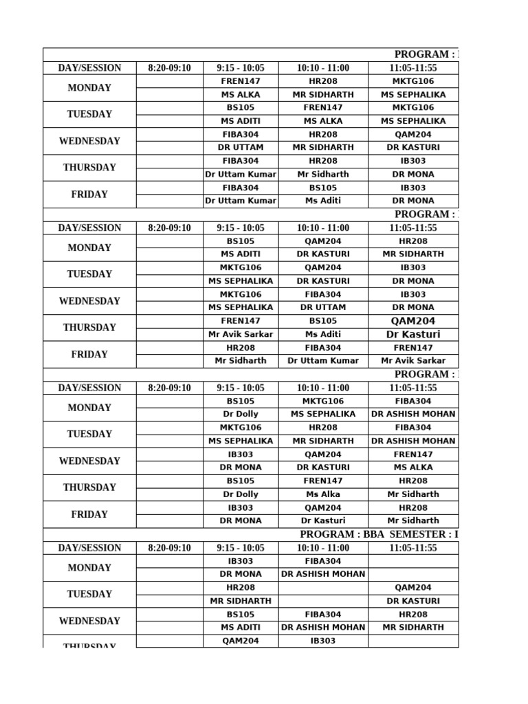 Bba Revised Time-table | PDF