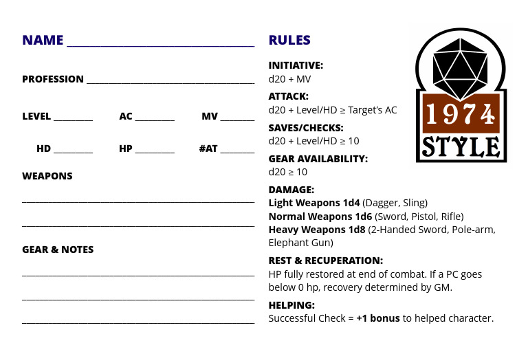 1974 Style 4x6 Character Sheet | PDF