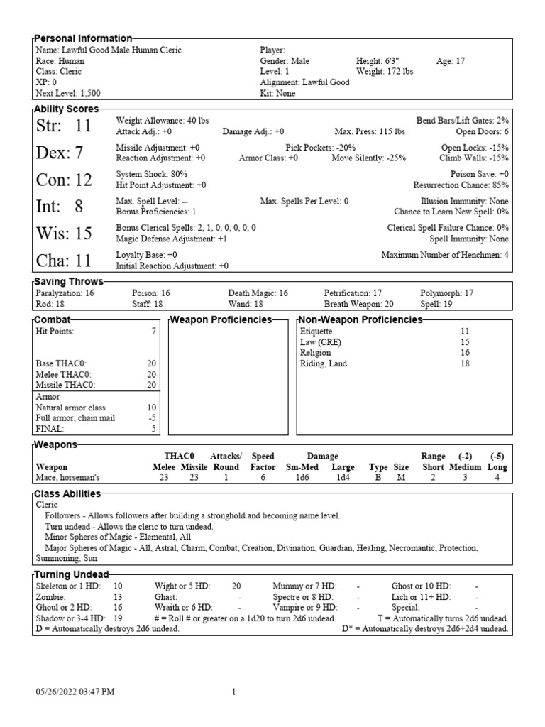 Lawful Good Human Male Cleric | PDF