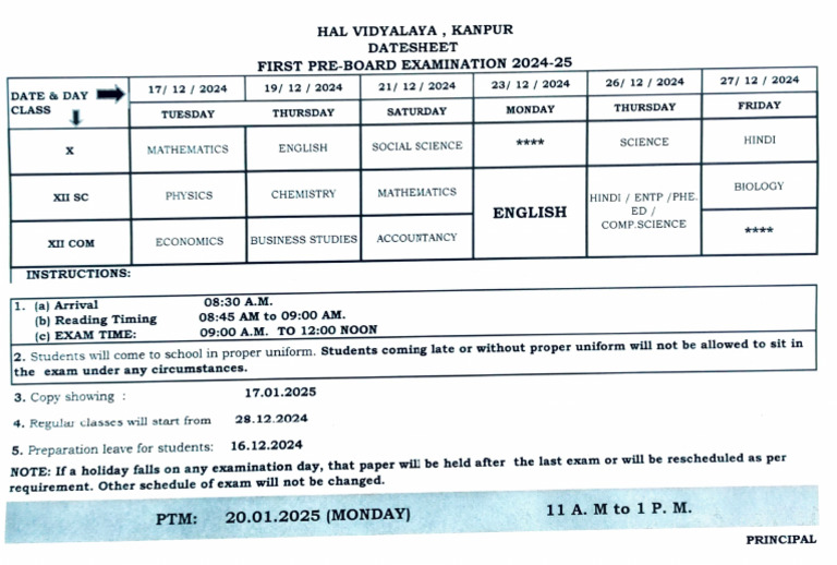 DATE SHEET PRE-BOARD 2024- 2025 | PDF