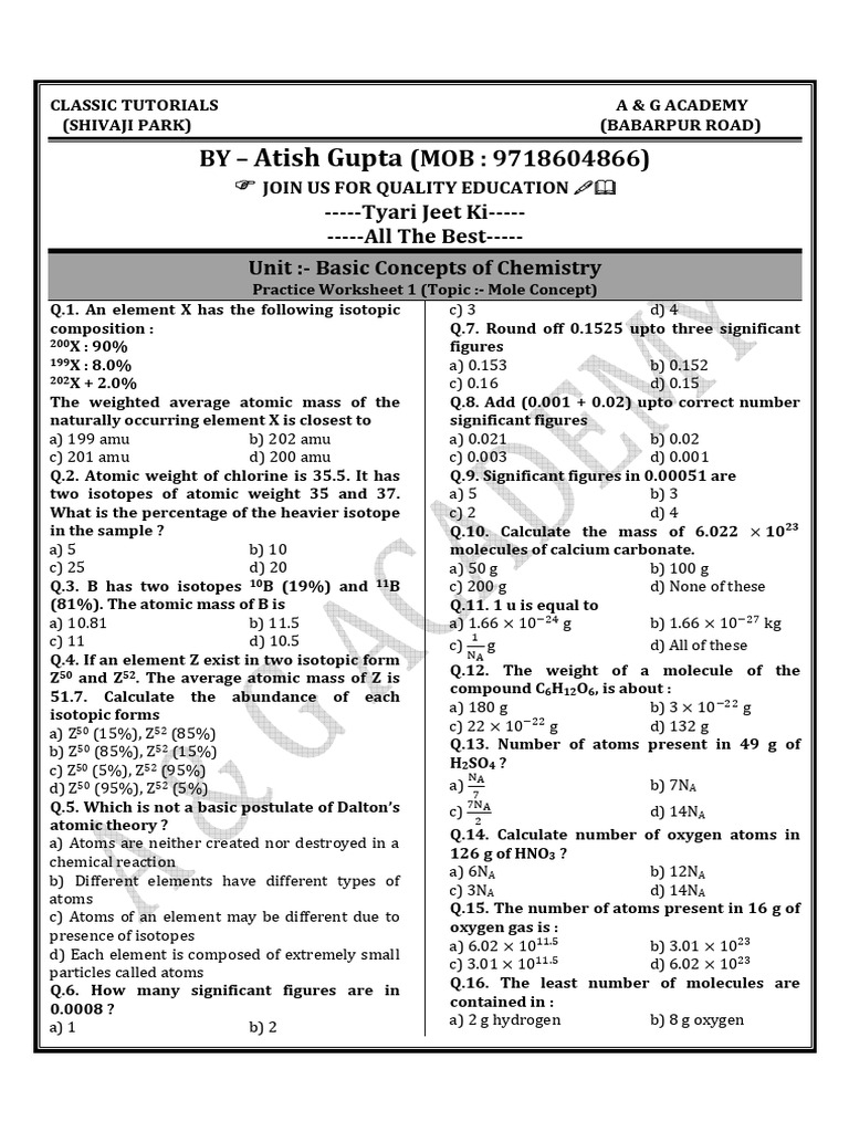 Basic Concept of Chemistry Assignment | PDF | Atoms | Chemical Elements