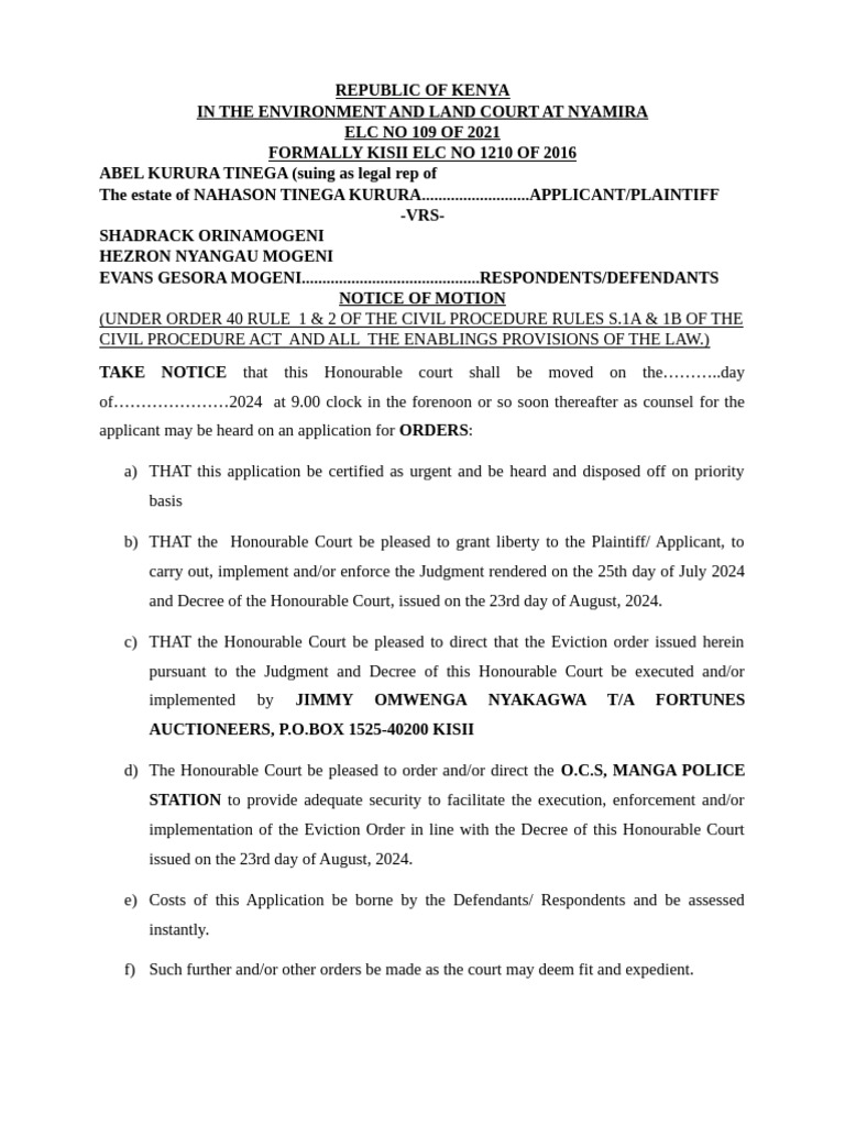 Urgent Eviction Motion in Kenya Case | PDF | Lawsuit | Judiciaries