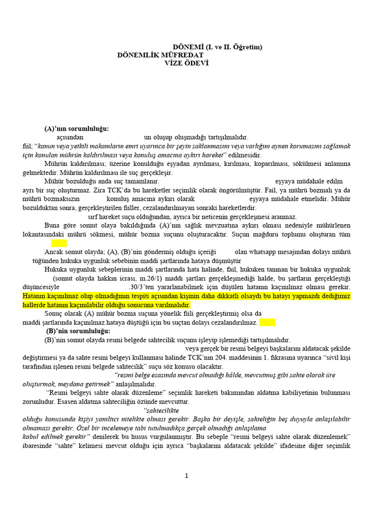 Ceza Özel Vize Dönemlik Cevap Anahtarı Iühf | PDF