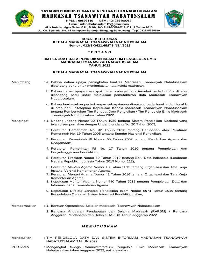 Contoh SK Operator Madrasah | PDF