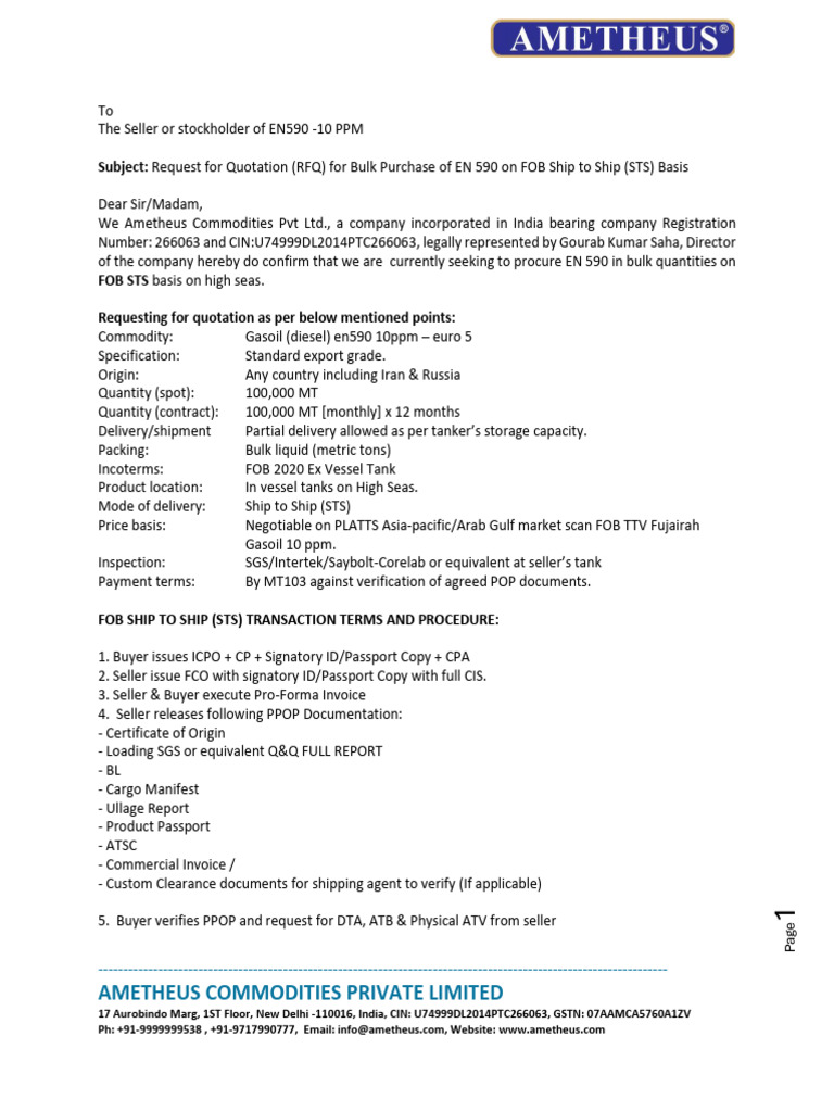 EN590 10ppm Bulk Purchase RFQ India | PDF