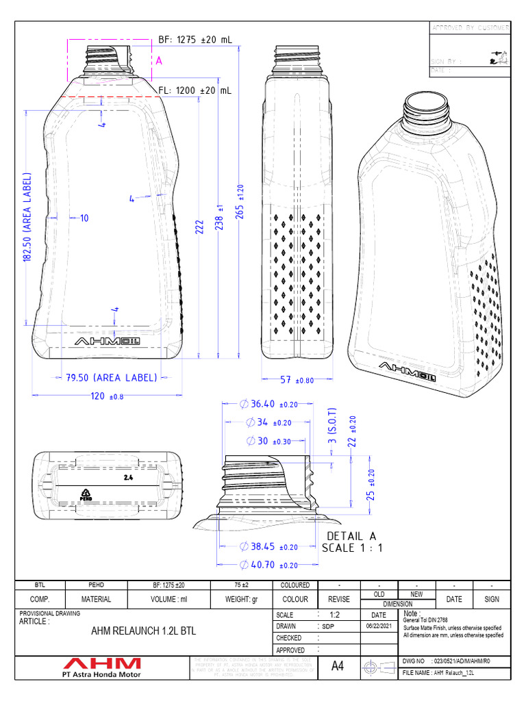 AHM Relaunch 1.2L Bottle Drawing | PDF