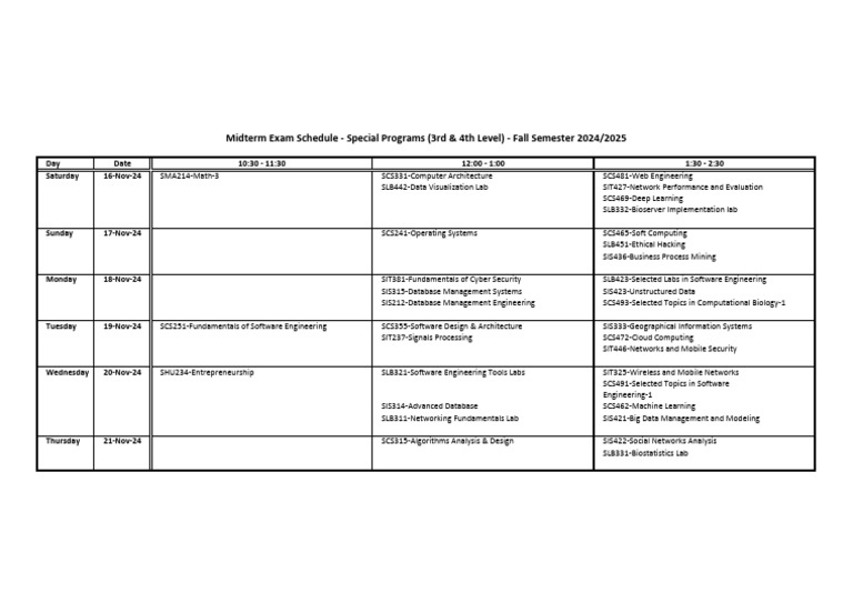 Midterm Exam Schedule for Special Programs (Bein El Sarayat) - Fall ...