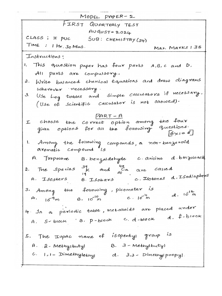 1PU Chemistry Qtrly Model QP | PDF