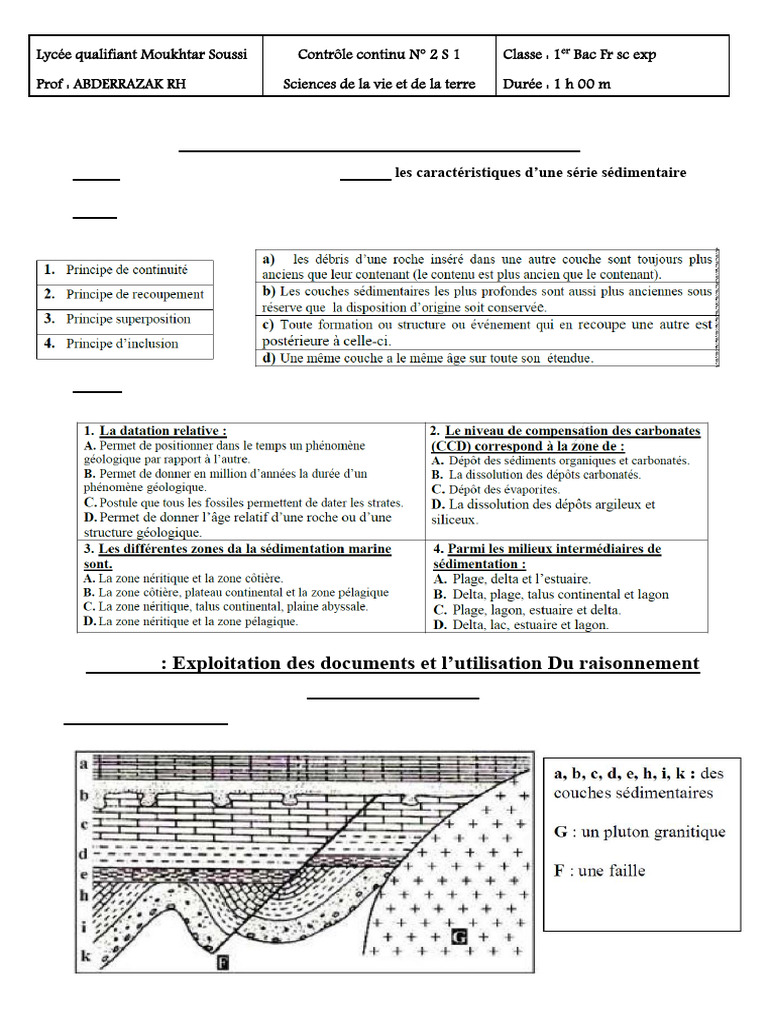 Contrôle de SVT 1er Bac : Cycle Sédimentaire | PDF