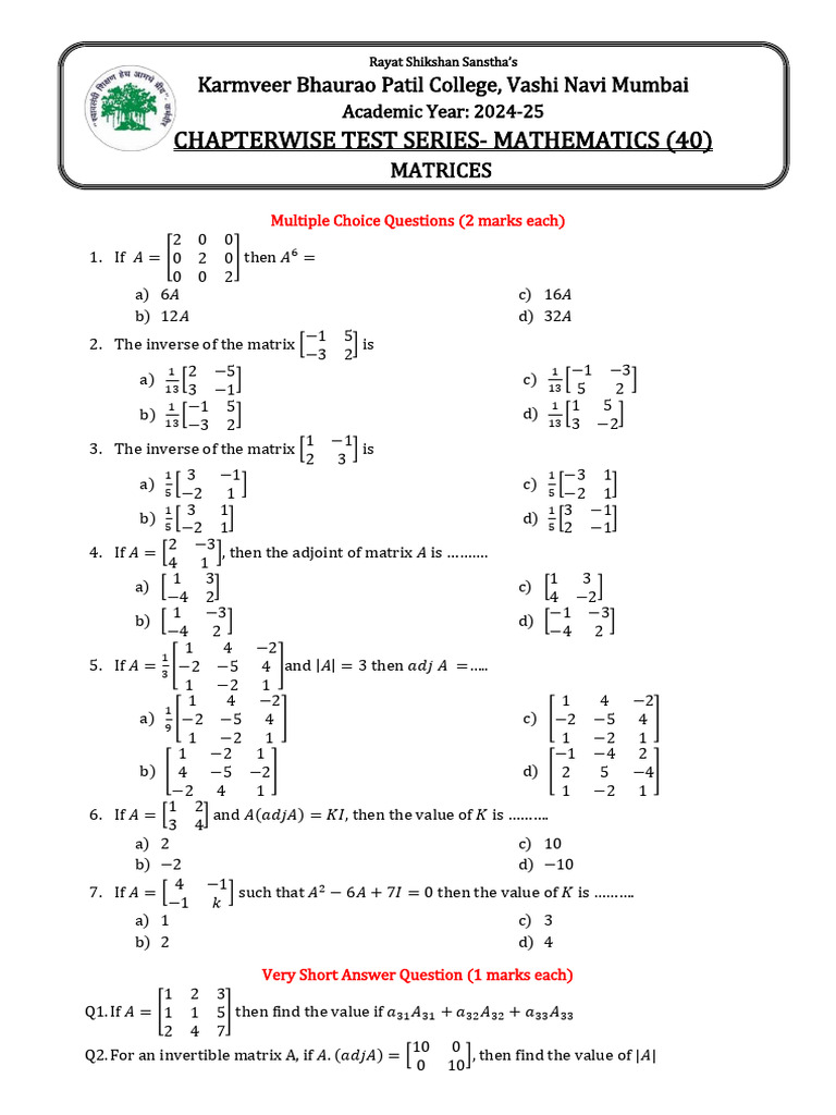 Test Series XII ( Matrices) | PDF | Matrix (Mathematics) | Operator Theory