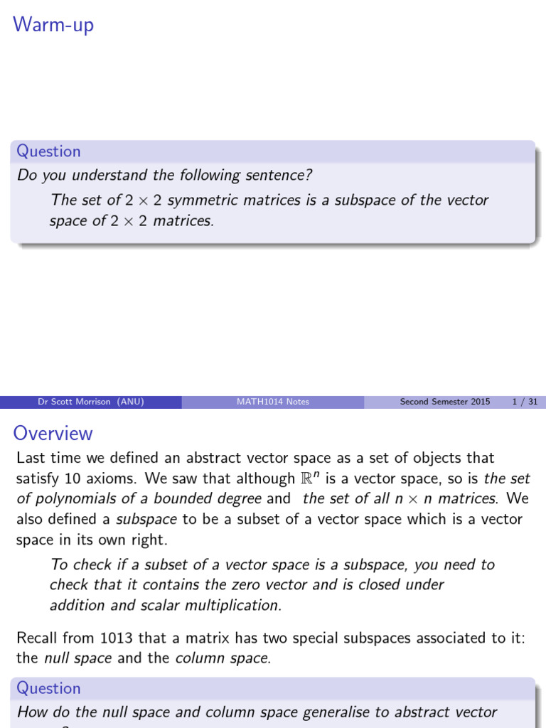 MATH1014 LinearAlgebra Lecture06.slides | PDF | Linear Subspace ...
