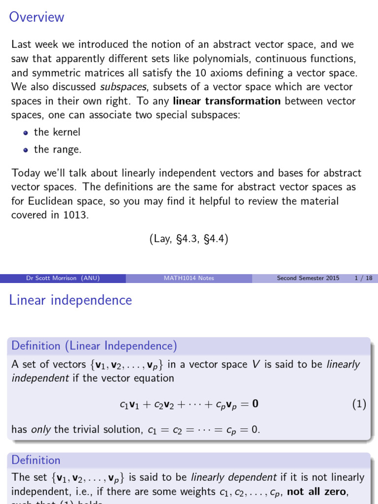MATH1014 LinearAlgebra Lecture07.slides | PDF | Linear Subspace | Vector Space