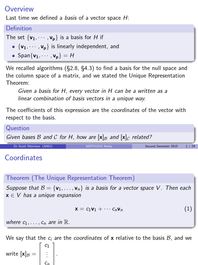 MATH1014 LinearAlgebra Lecture08.slides | PDF | Basis (Linear Algebra) | Vector Space