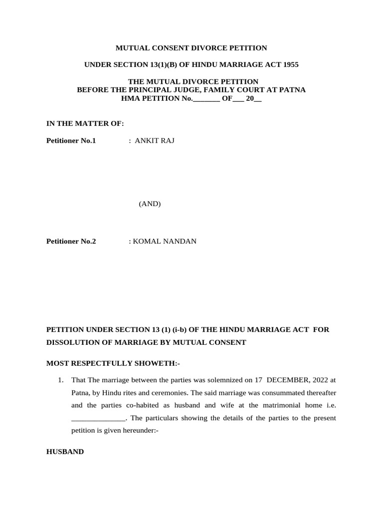 Mutual Consent Divorce Petition Format | PDF | Divorce | Marriage