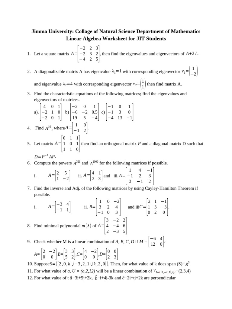 Linear Algebra Exercises for JIT Students | PDF | Eigenvalues And ...
