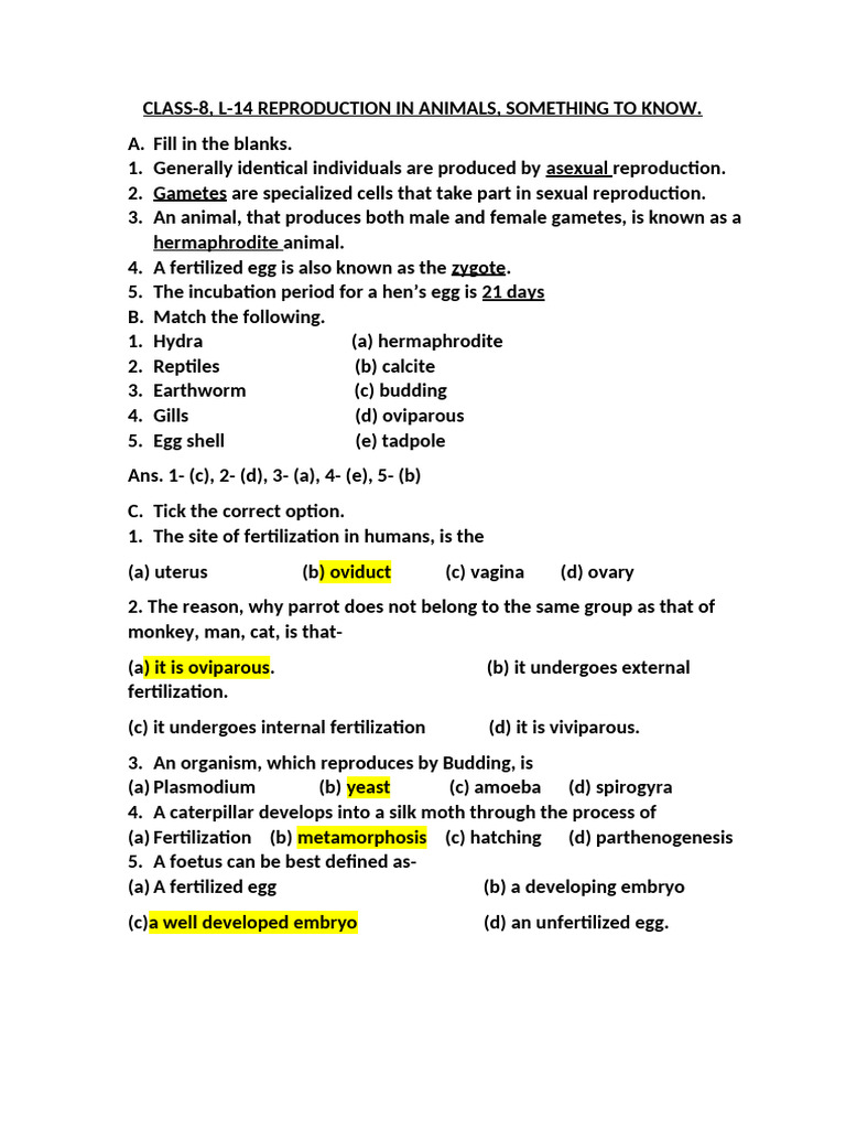 C-8 QA L-14 Reproduction in Animals | PDF | Reproduction | Reproductive ...