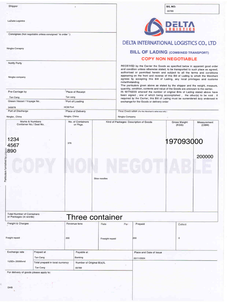 HBL Form hoà | PDF | Cargo | Bill Of Lading