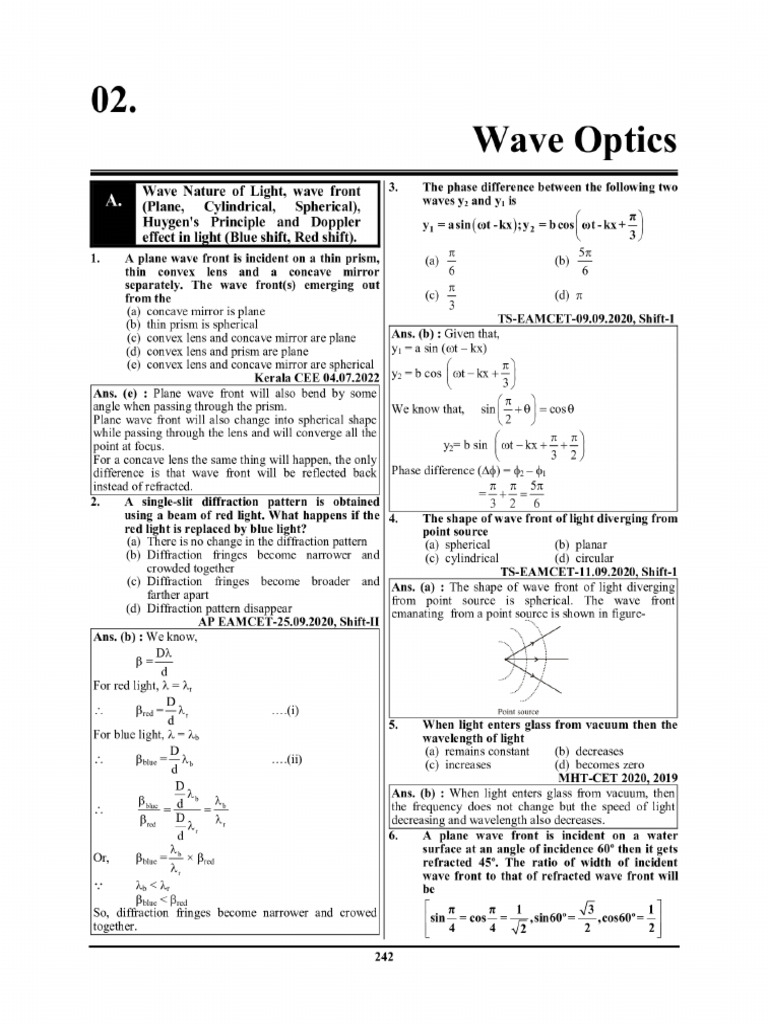 YCT Wave Optics NEET JEE Practice Questions | PDF