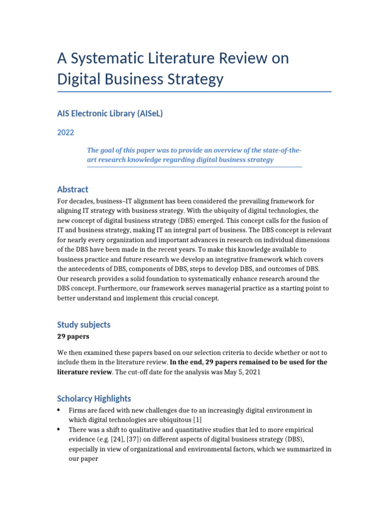 A Systematic Literature Review On Digital Business Strategy | PDF ...