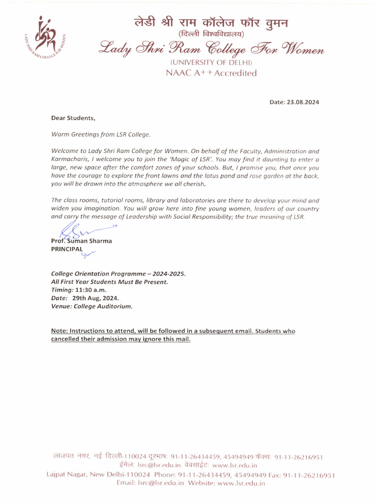 LSR College Orientation 29 August 2024 | PDF