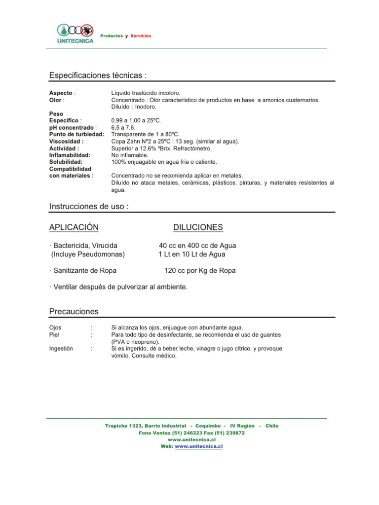 Ficha Tecnica Desinfectante | PDF | Agua
