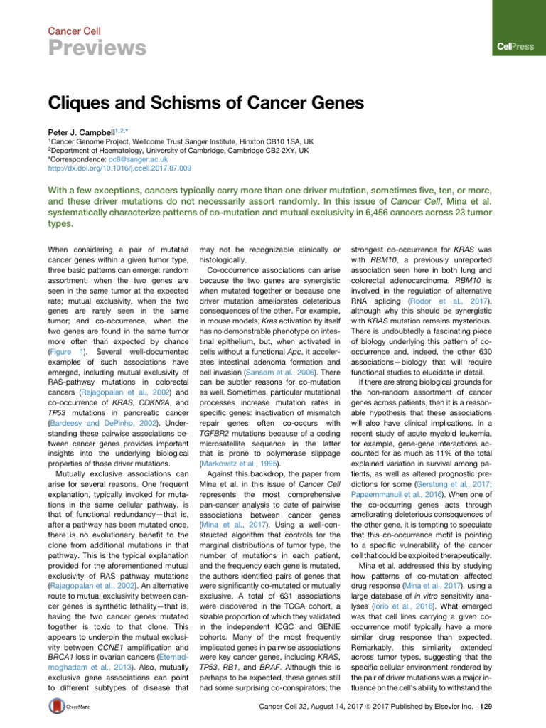 Cliques and Schisms of Cancer Genes 2017 Cancer Cell | PDF | Mutation ...
