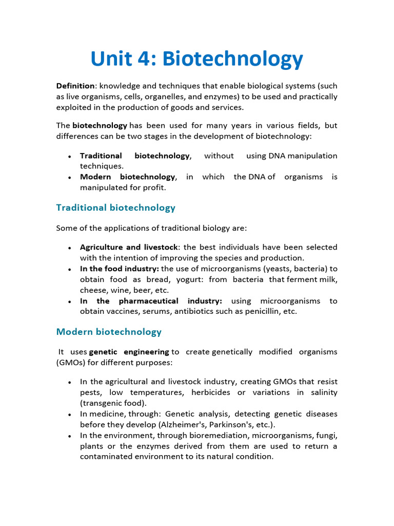 Unit 4. Biotechnology NOTES | PDF | Biotechnology | Molecular Cloning