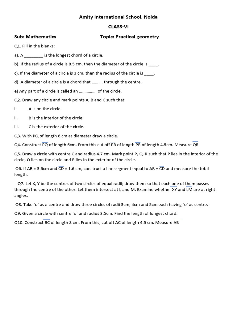 Worksheet 1 Practical Geometry Class Vi | PDF