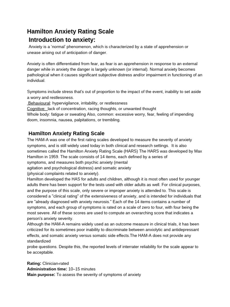 Hamilton Anxiety Rating Scale | PDF | Anxiety | Fear