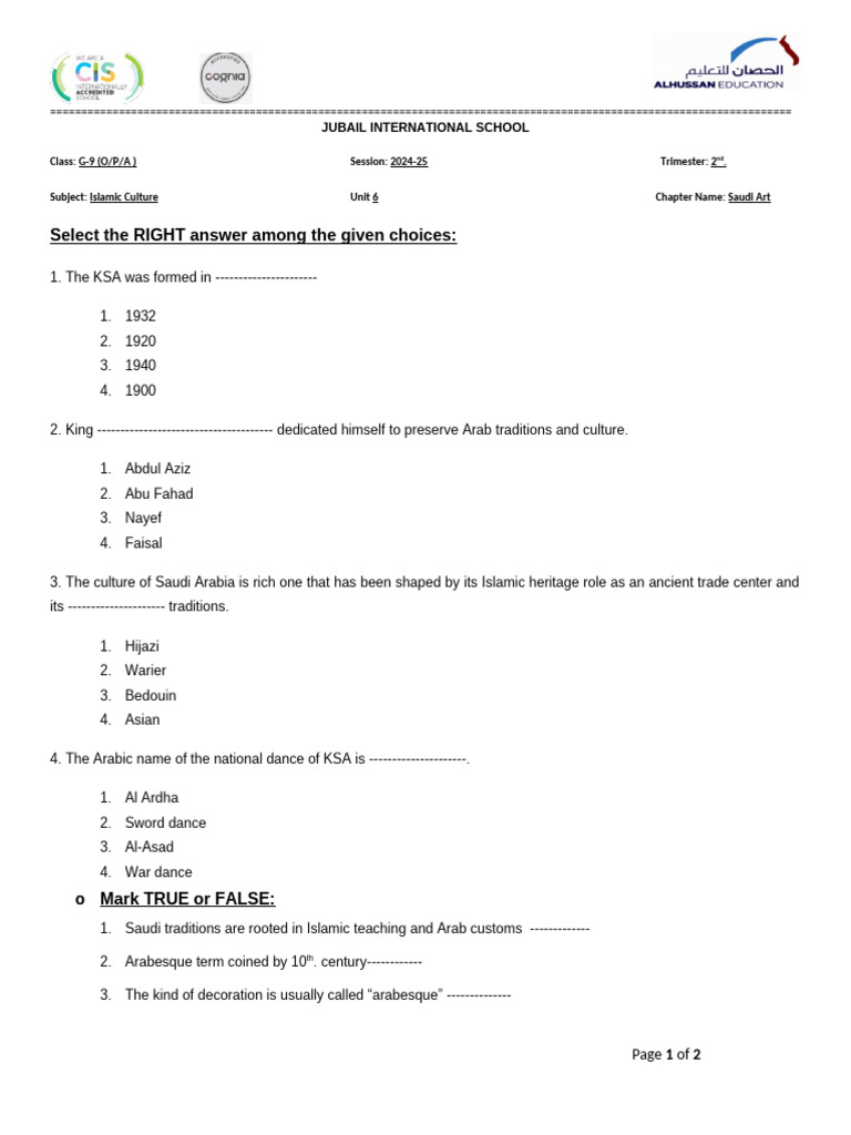 Saudi Art and Culture Quiz for G-9 | PDF | Saudi Arabia | Arabs