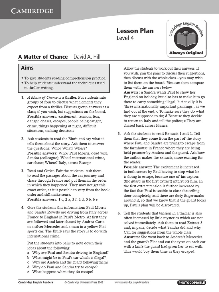 Cambridge English Readers Level4 Intermediate A Matter of Chance Lesson Plan | PDF | Thriller ...