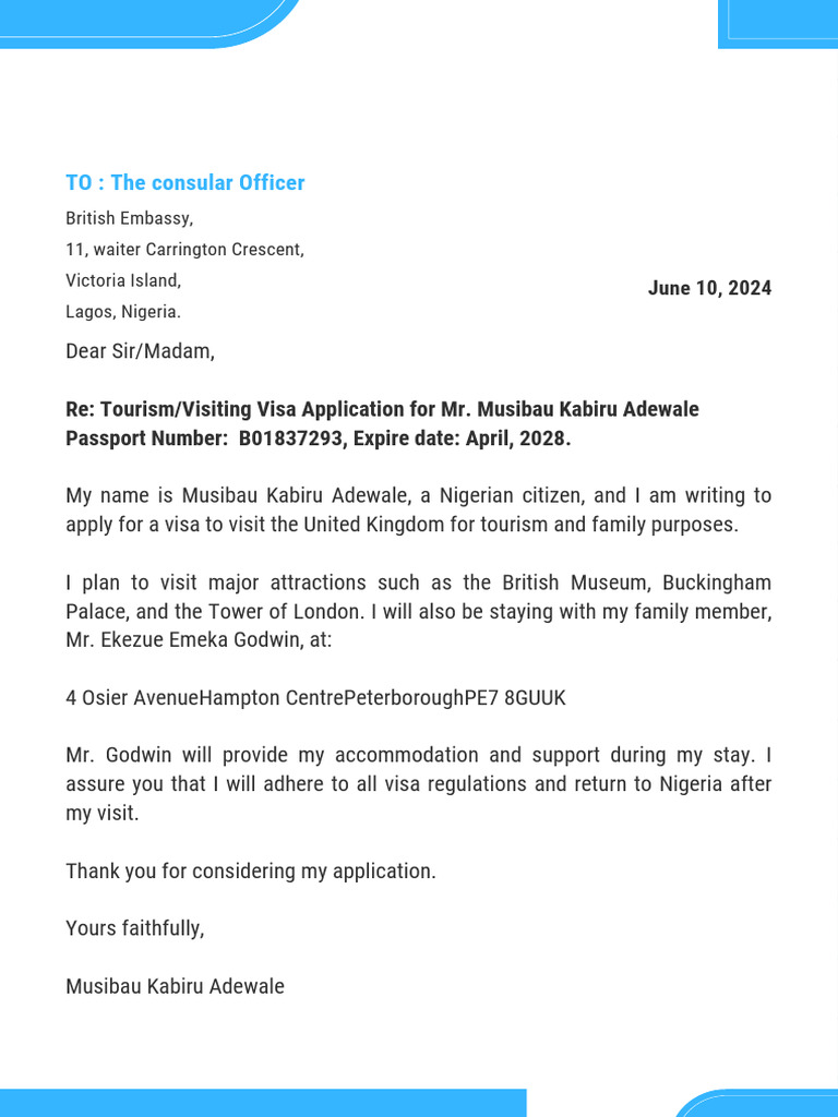 Tourist Visa Proposal For Musibau Iii | PDF