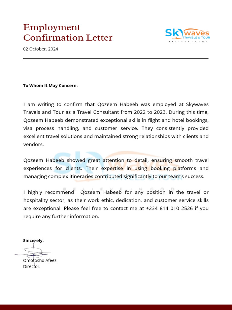 Employment Confirmation for Qozeem Habeeb | PDF