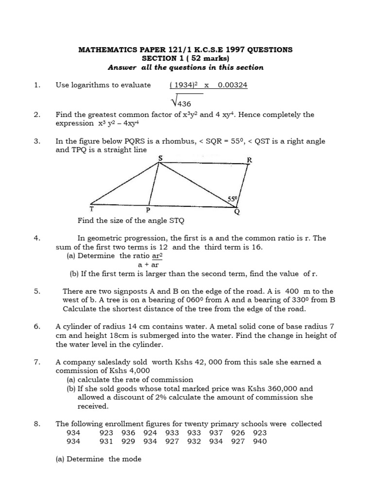 Kcse 1997 Mathematics Questions | PDF | Mathematics