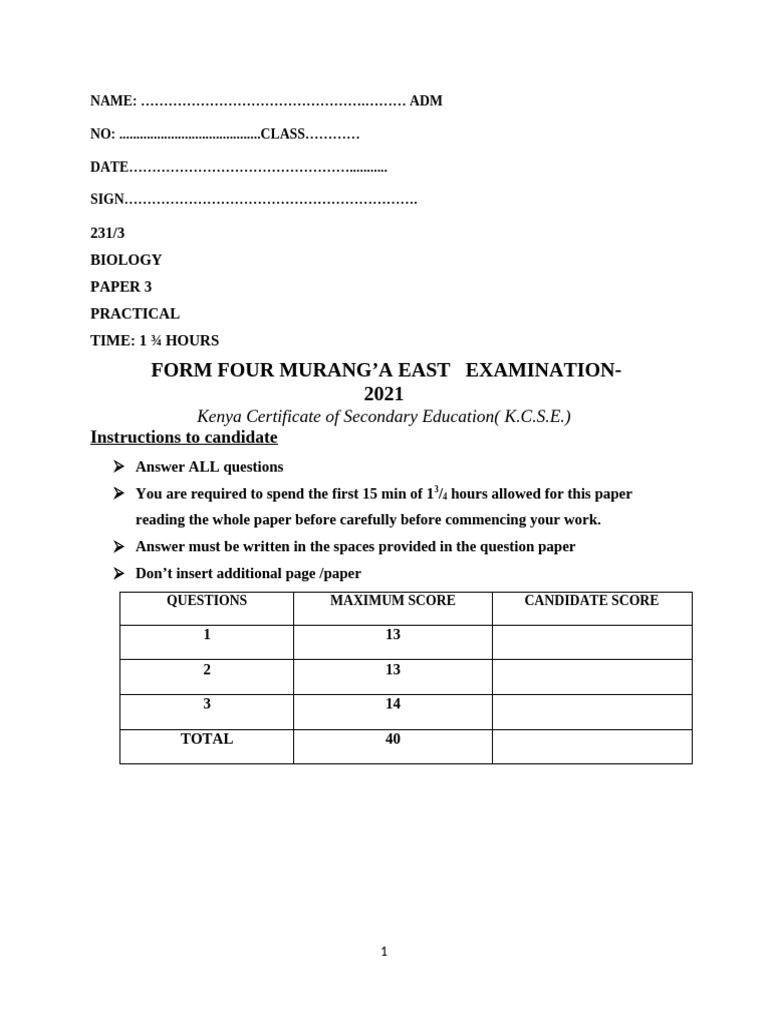 Biology p3 Teacher - Co .Ke Muranga 2021 | PDF