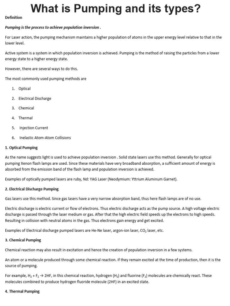 What Is Pumping and Its Types - NOTES-1 | PDF | Laser | Gases